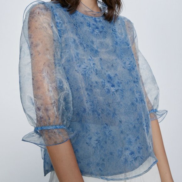 Zara | Tops | Zara Printed Organza Blouse Blue 356422ruffle | Poshmark